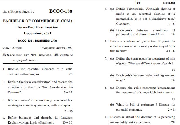 IGNOU BCOC 133 Previous Years Solved Question Papers