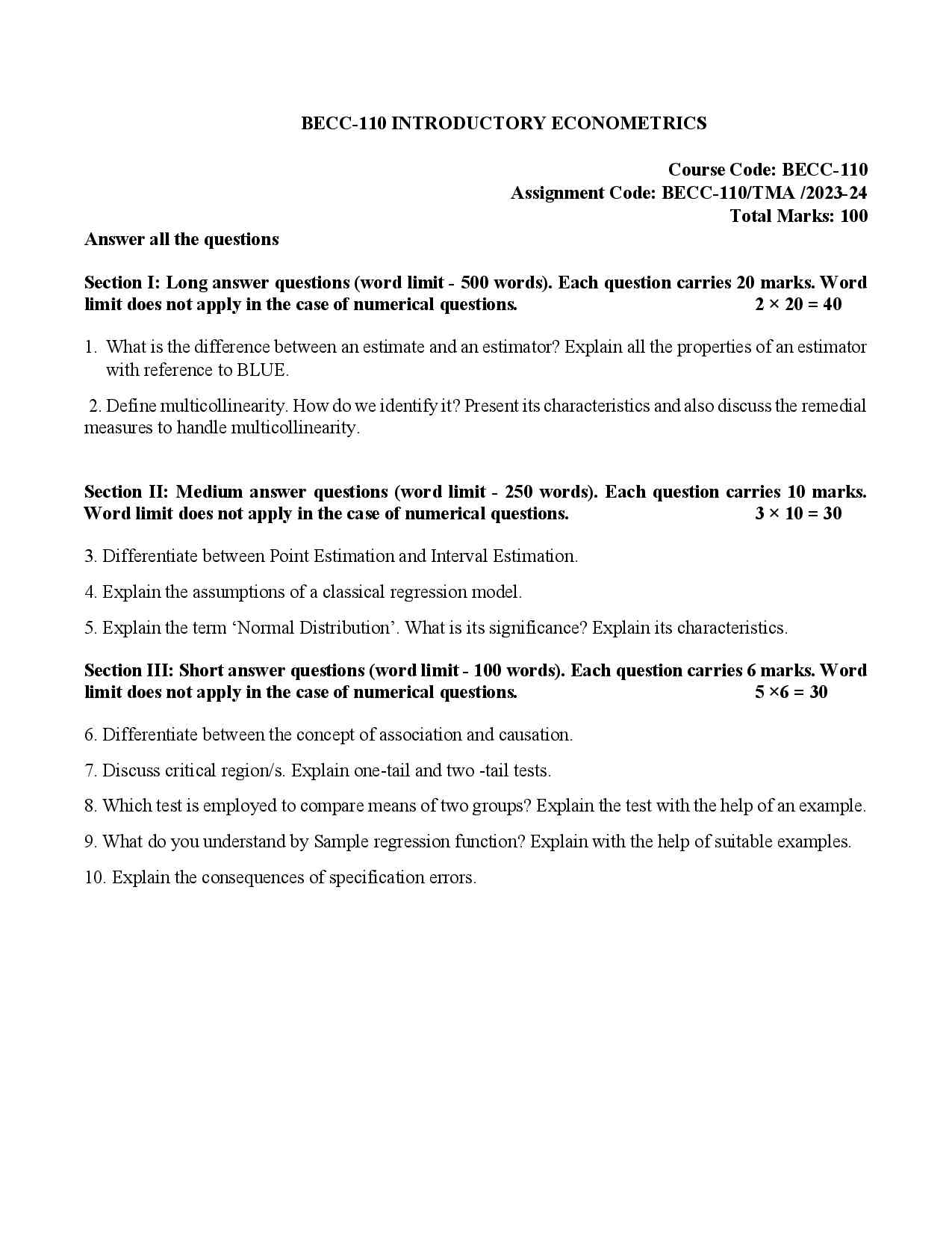 Download IGNOU BECC 110 Solved Assignment 2023-24 Pdf